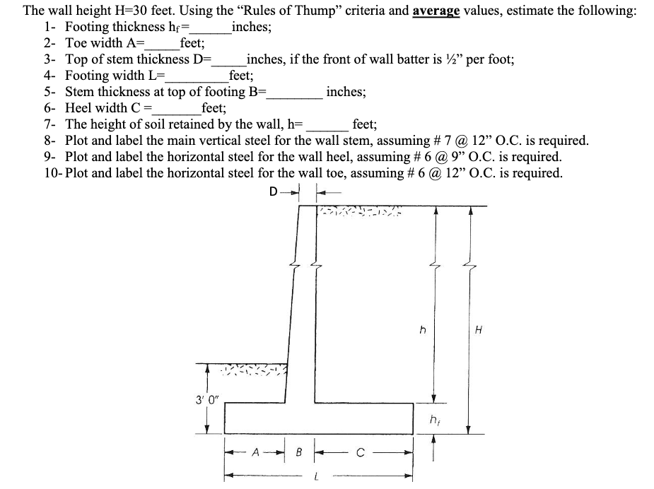 Solved The wall height H=30 feet. Using the “Rules of Thump” | Chegg.com