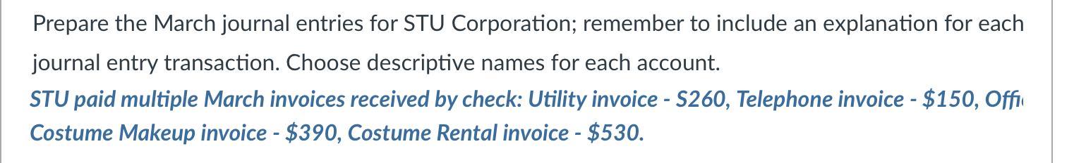 Prepare the March journal entries for STU | Chegg.com