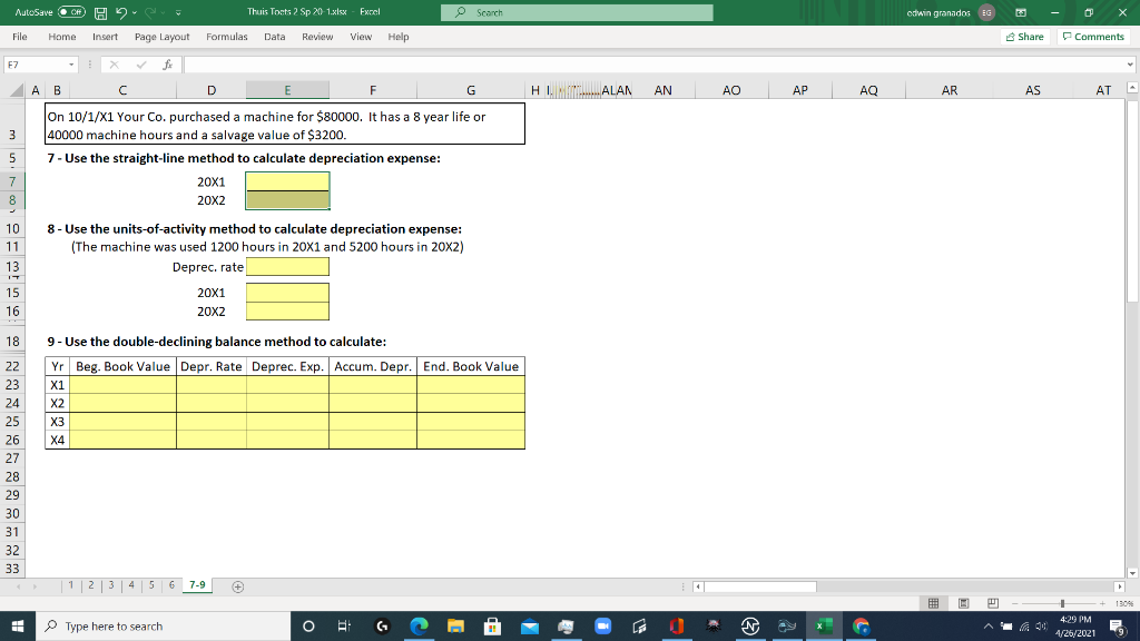 Solved AutoSave 2 Thuis Tocts 2 Sp 20-1.xlsx - Excel Scarch | Chegg.com