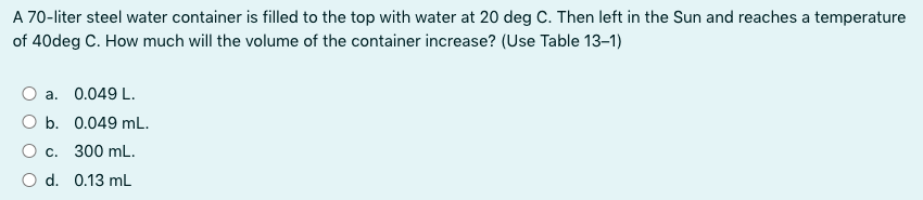 Solved A 70-liter steel water container is filled to the top | Chegg.com