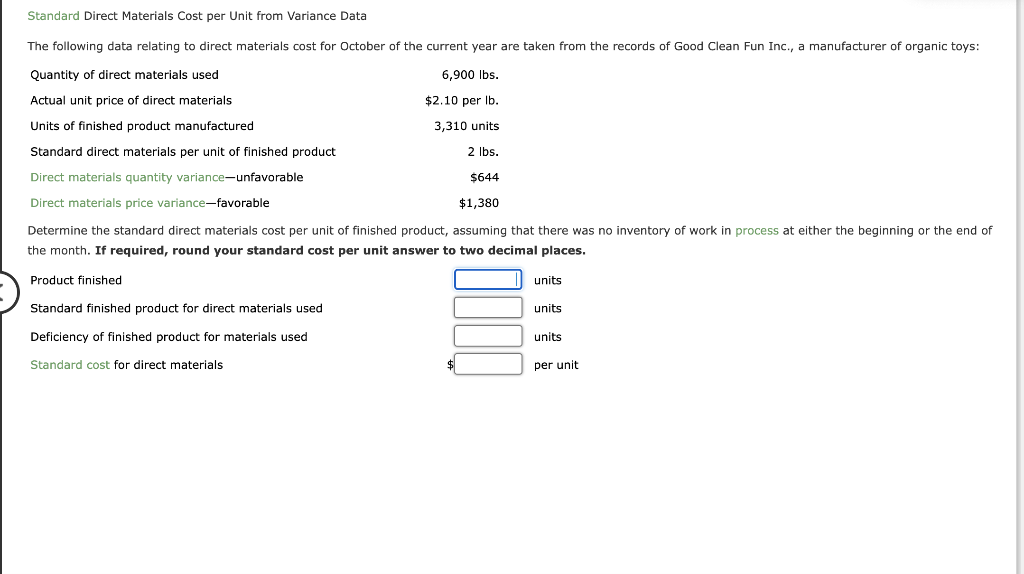 Solved Standard Direct Materials Cost per Unit from Variance | Chegg.com