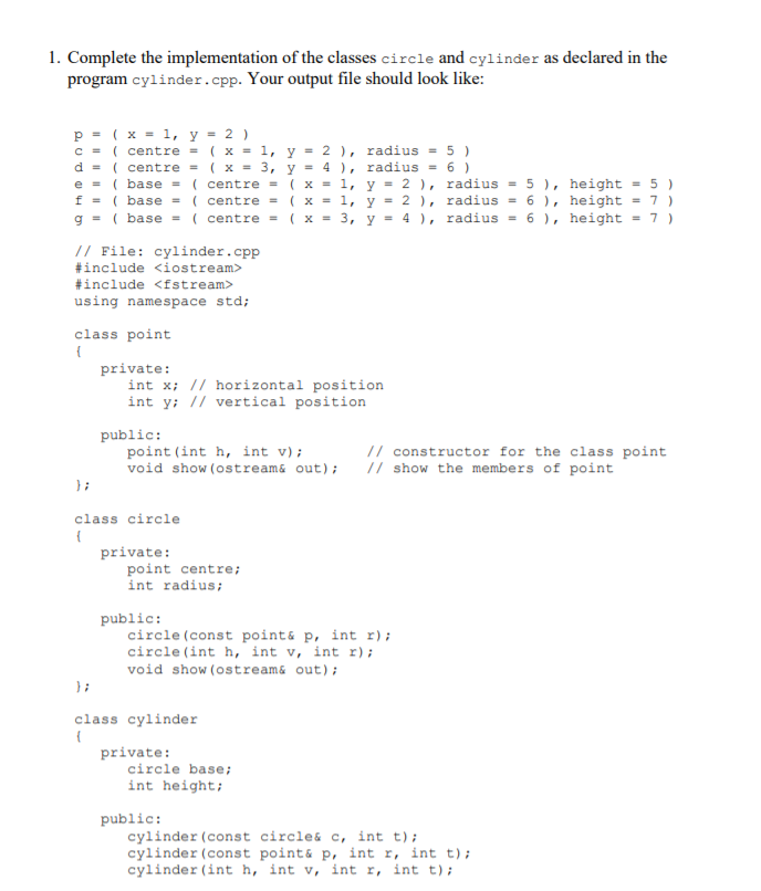 Solved 1. Complete the implementation of the classes circle | Chegg.com