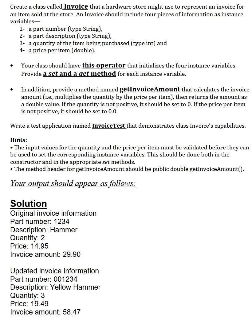 Solved Create a class called Invoice that a hardware store | Chegg.com