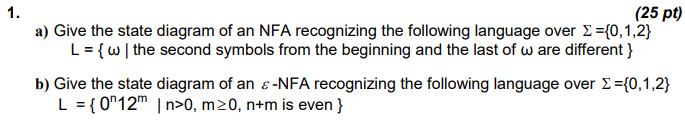 Solved 1. (25 pt) a) Give the state diagram of an NFA | Chegg.com