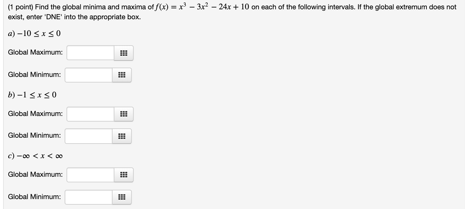Solved (1 point) Find the global minima and maxima of f(x) = | Chegg.com