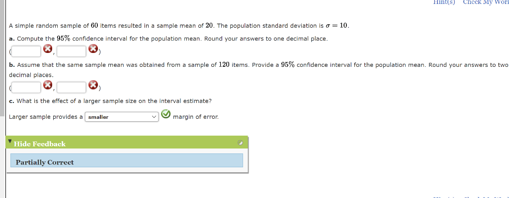 Solved Hint(s) Check My Wor A simple random sample of 60 | Chegg.com