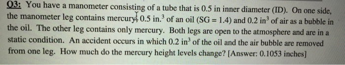 Solved O3: You have a manom the manometer leg contains | Chegg.com
