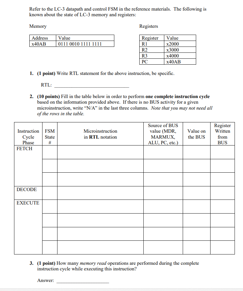 Refer to the LC-3 datapath and control FSM in the | Chegg.com