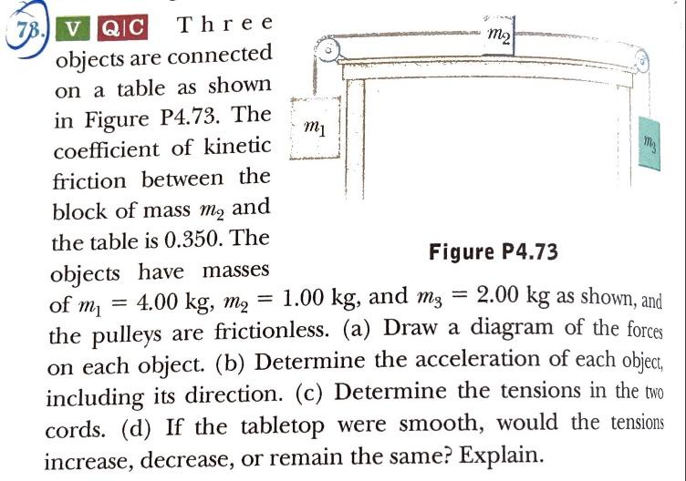 Solved m2 78.) V QIC Three objects are connected on a table | Chegg.com