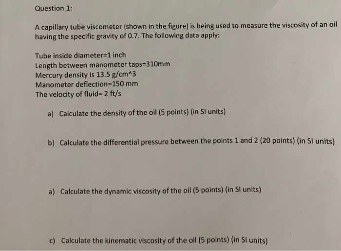 Solved Question 1: A capillary tube viscometer (shown in the | Chegg.com