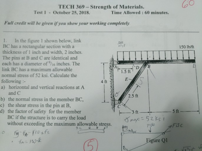 Solved TECH 369-Strength of Materials. Test 1-October 25, | Chegg.com