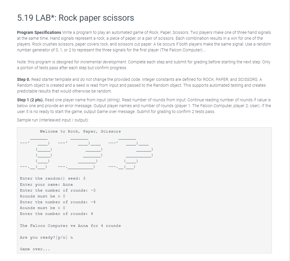 5.19 LAB*: Rock paper scissors Program Specifications | Chegg.com