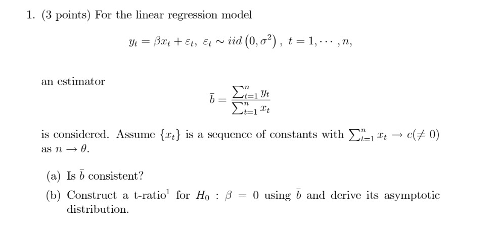 Solved 1. (3 points) For the linear regression model Yt = | Chegg.com