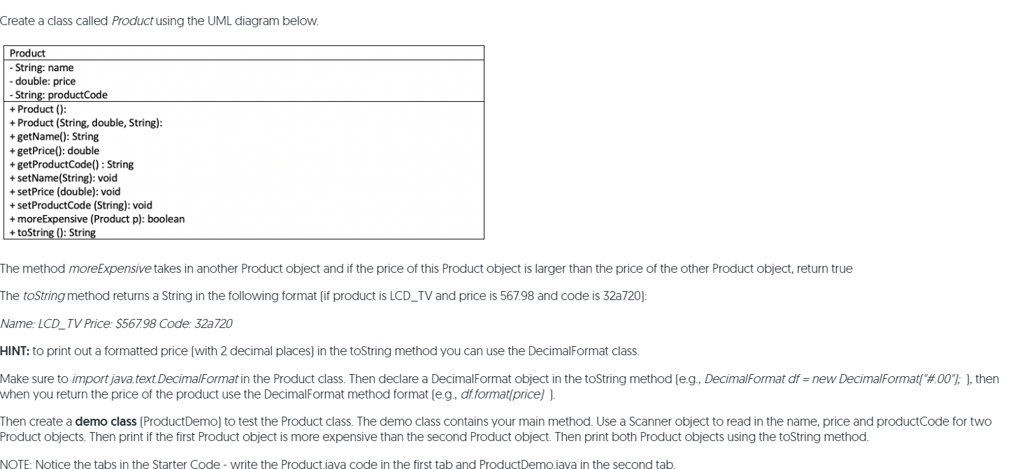 Solved Create a class called Product using the UML diagram | Chegg.com