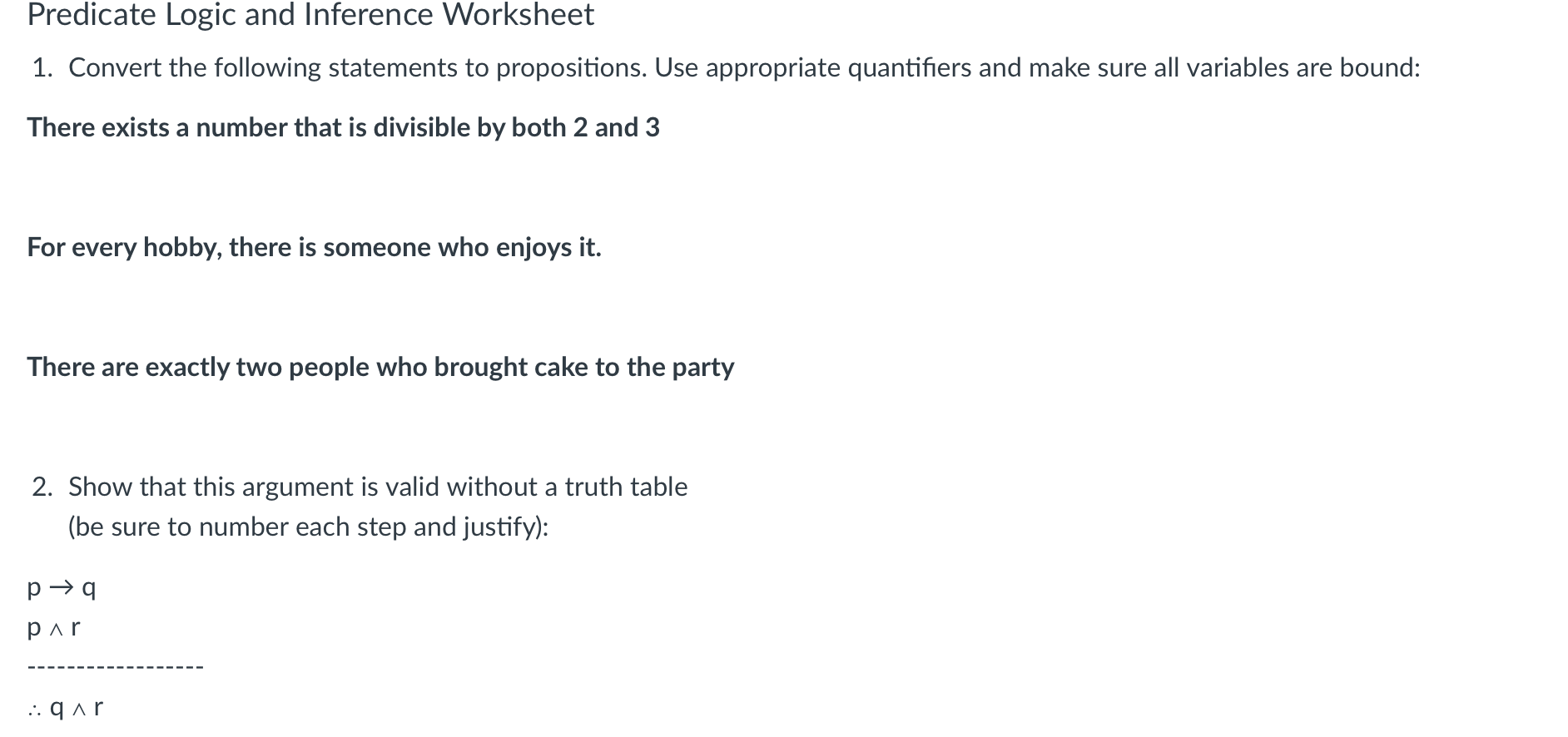 Solved Predicate Logic and Inference Worksheet 1. Convert | Chegg.com