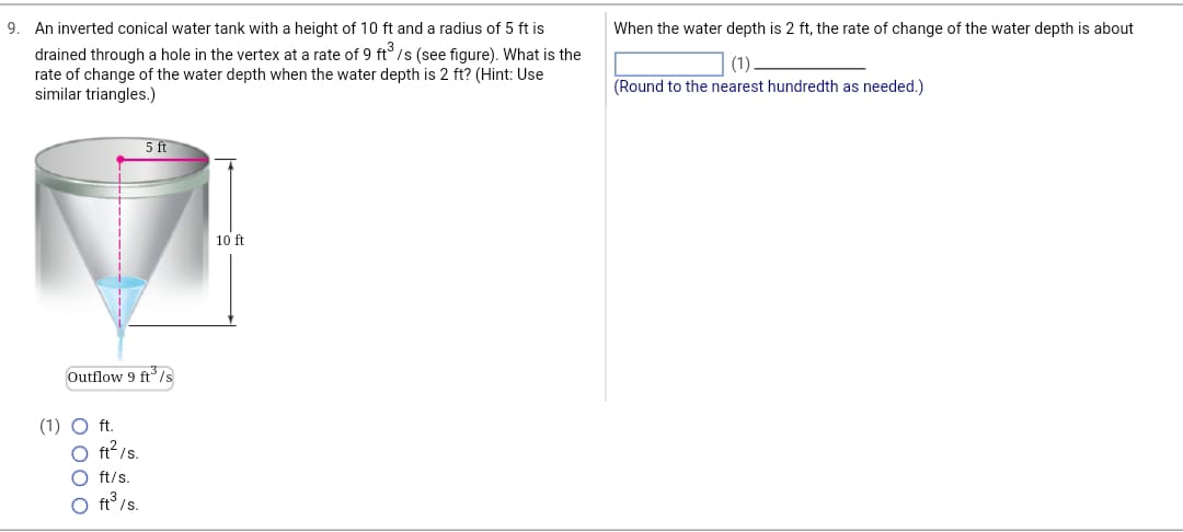 Solved 9. An inverted conical water tank with a height of | Chegg.com