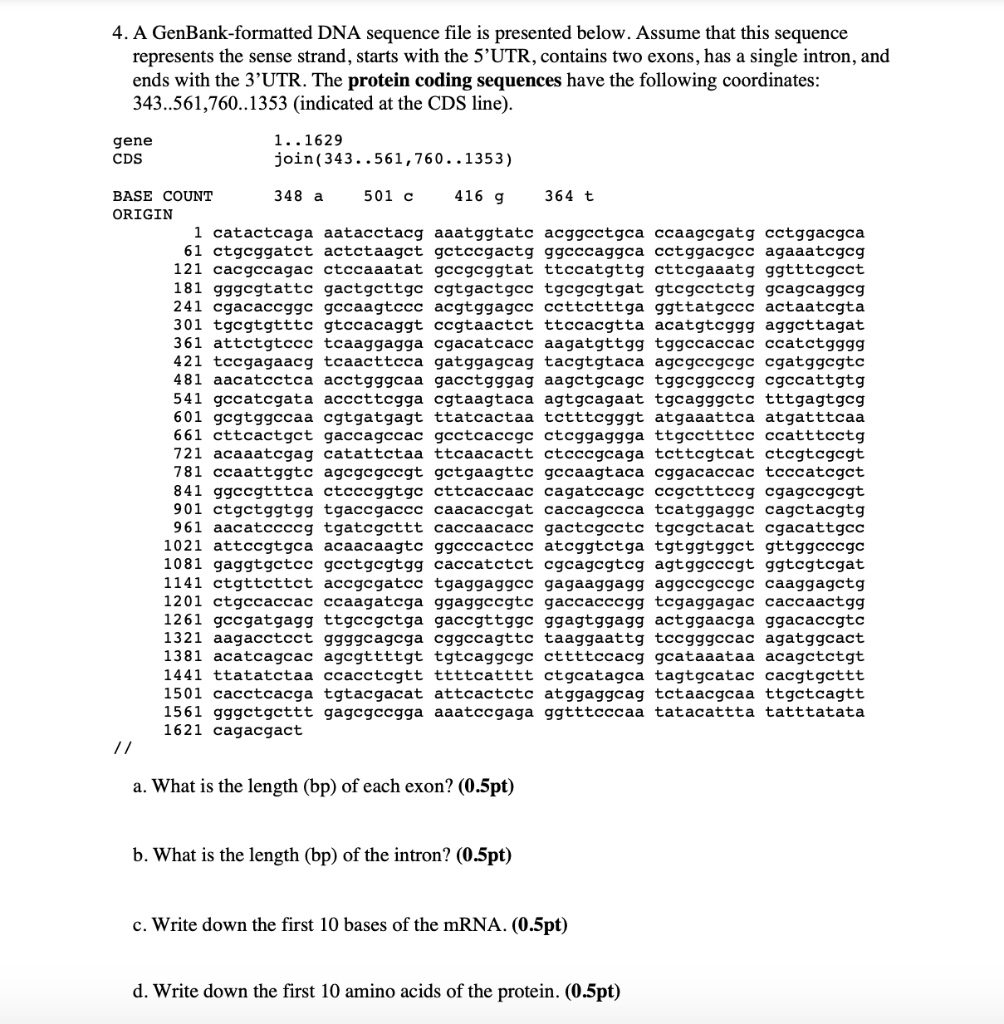 Solved 4. A GenBank-formatted DNA sequence file is presented | Chegg.com