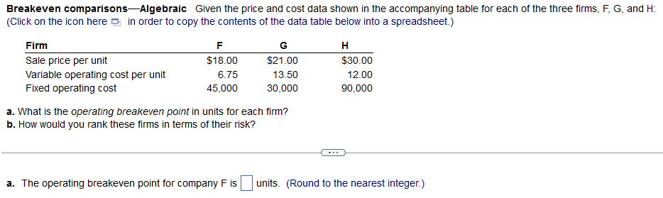 Solved Breakeven comparisons-Algebraic Given the price and | Chegg.com