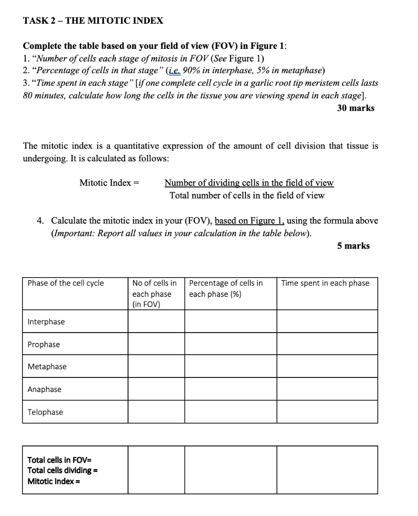 Solved TASK 2 - THE MITOTIC INDEX Complete the table based | Chegg.com
