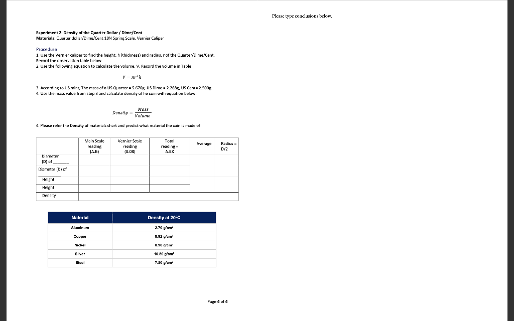 Pleasc type conclusions bclow. Experiment 2: Density | Chegg.com