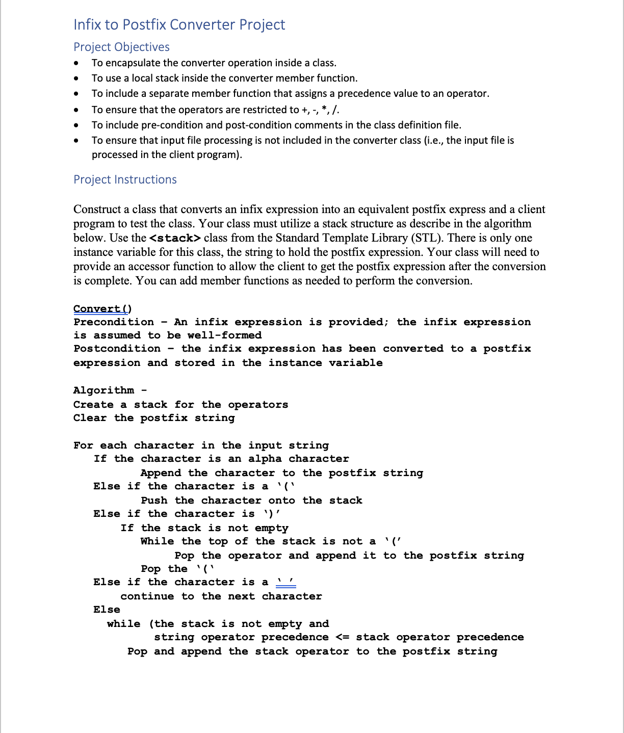 Solved Infix to Postfix Converter Project Project Objectives | Chegg.com