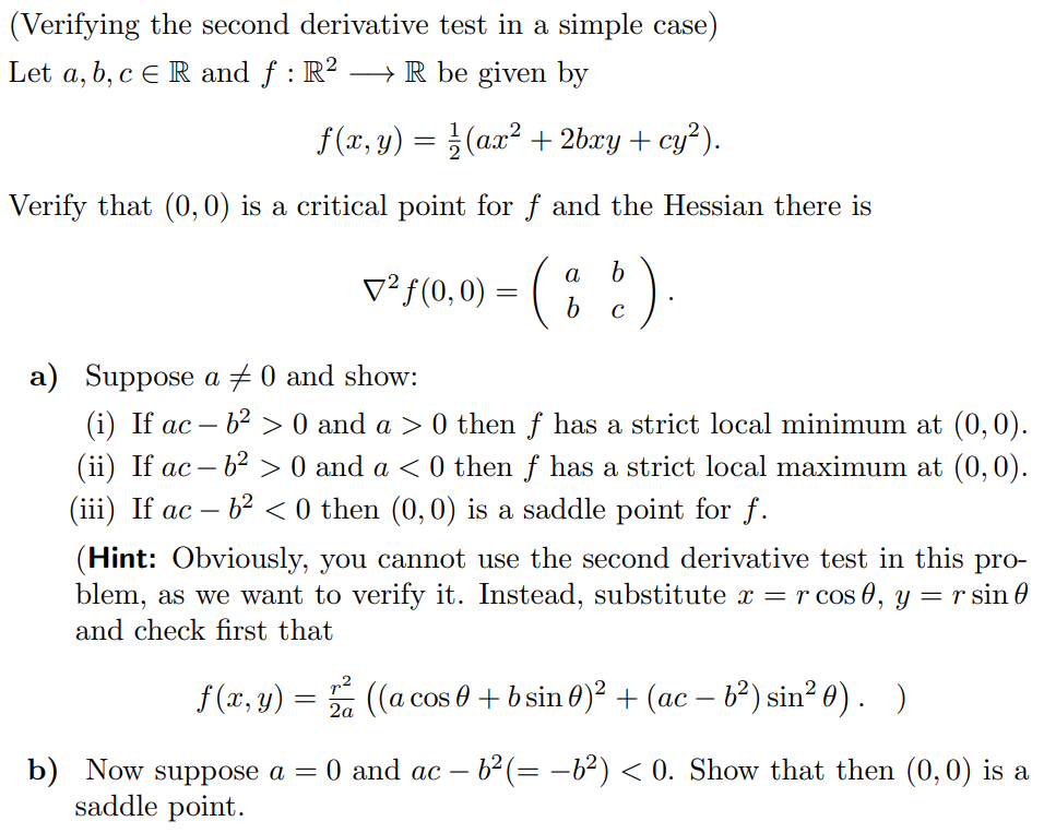 Solved (Verifying the second derivative test in a simple | Chegg.com