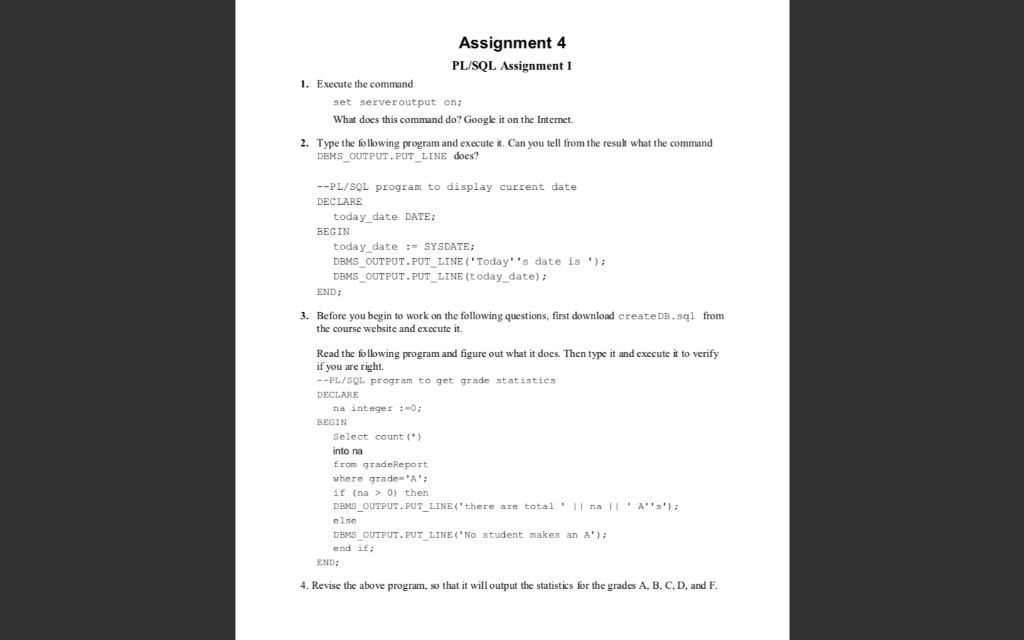 Solved Assignment 4 PL/SQL Assignment 1 1. Execute the | Chegg.com