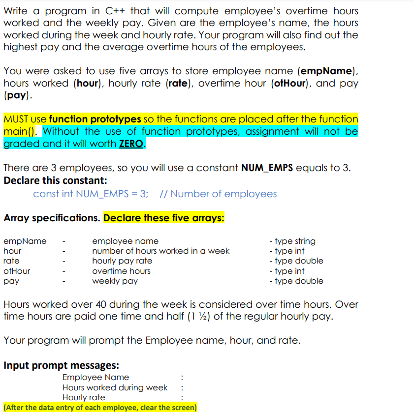 Solved Write a program in C++ that will compute employee's | Chegg.com