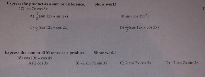 Solved Express the product as a sum or difference. Show | Chegg.com