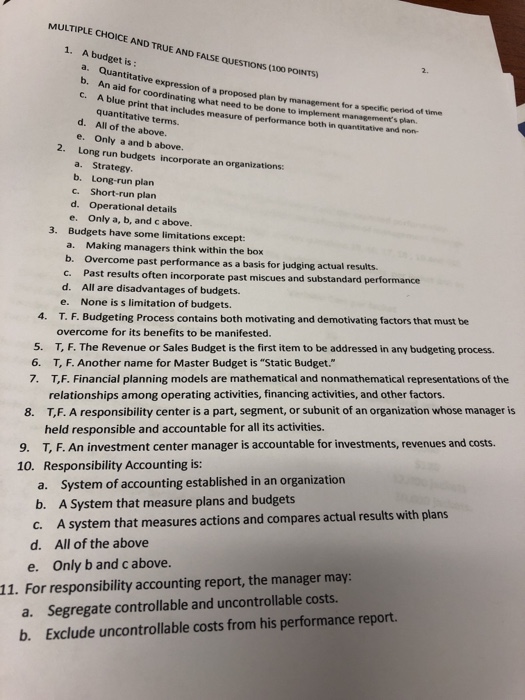 Solved MULTIPLE CHOICE AND TRUE AND FALSE QUESTIONS (100 | Chegg.com
