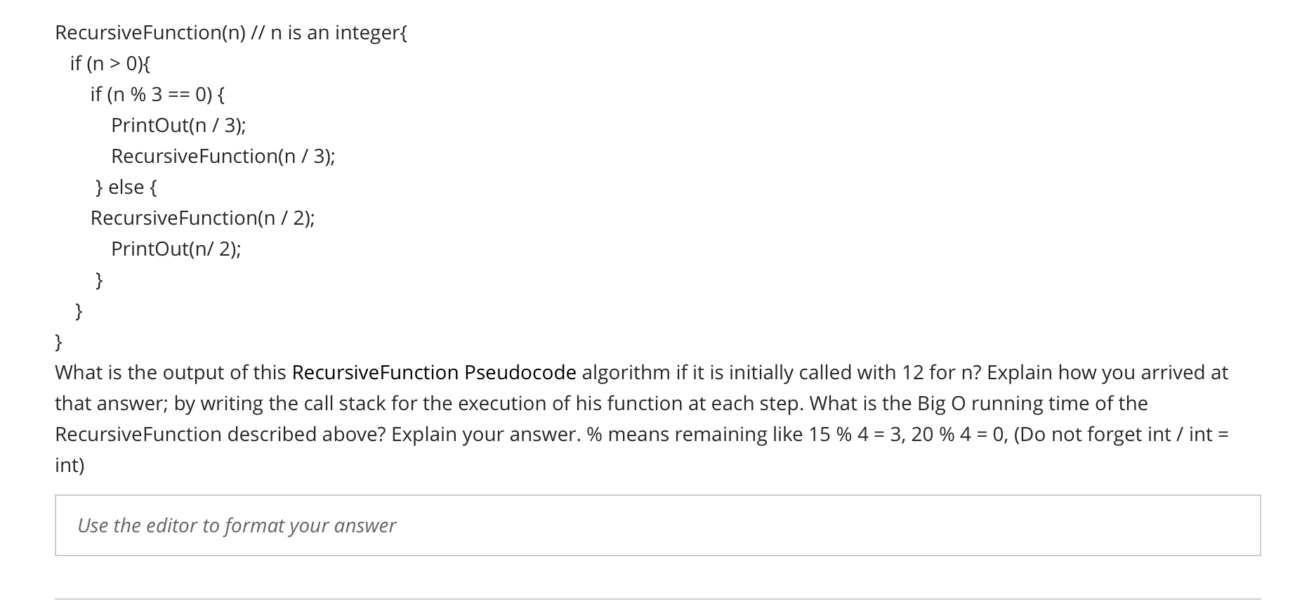 Solved RecursiveFunction( n ?? ?? ?mathrm{n} ??) is an | Chegg.com