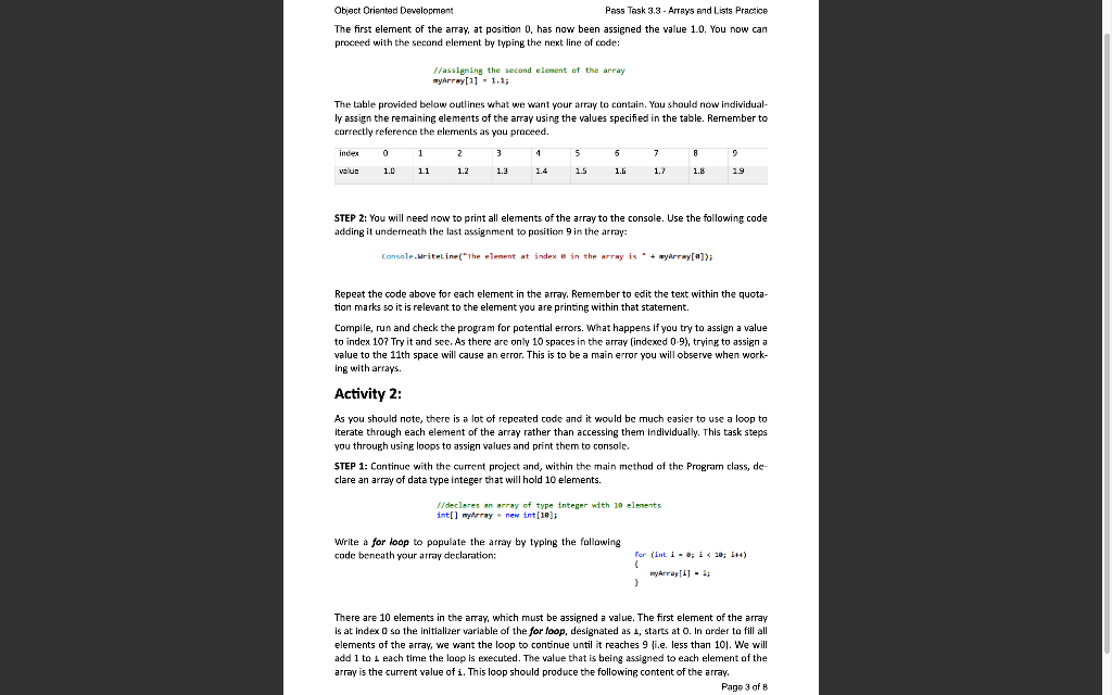 Solved Object Oriented Development Pass Task 2.3 - Arrays | Chegg.com