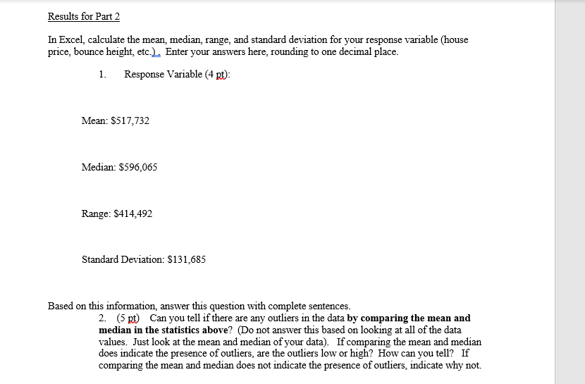 Solved Results For Part 2 In Excel Calculate The Mean Chegg