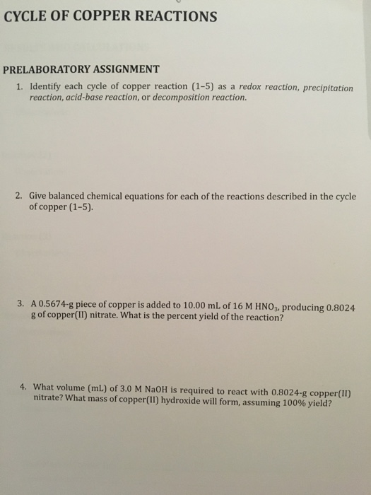 CYCLE OF COPPER REACTIONS PRELABORATORY ASSIGNMENT 1. | Chegg.com