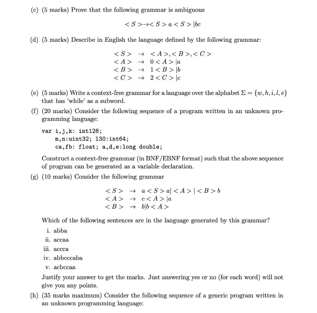 Solved (a) (8 marks) Using the grammar: | Chegg.com
