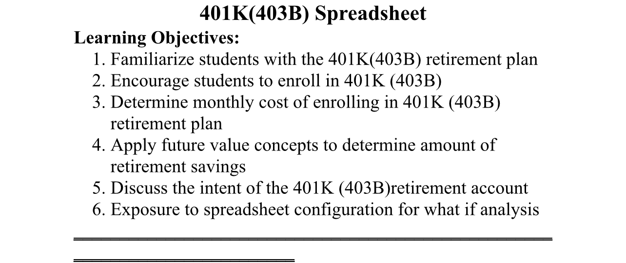 Solved 401K(403B) Spreadsheet Learning Objectives: 1. | Chegg.com