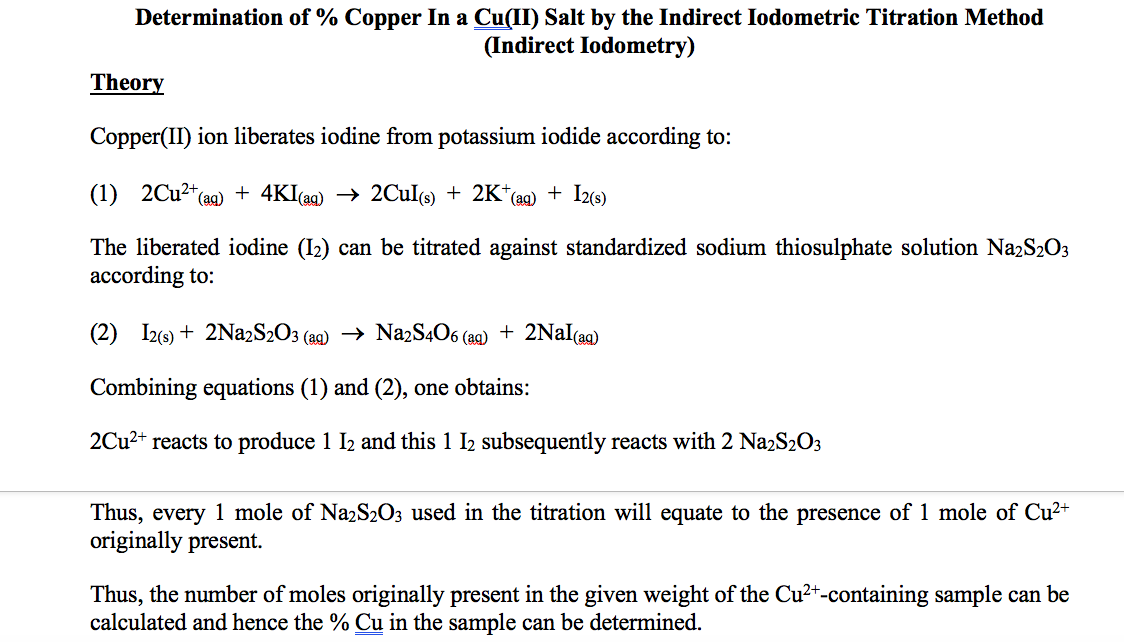 Solved Determination of % Copper In a Cu(II) Salt by the | Chegg.com