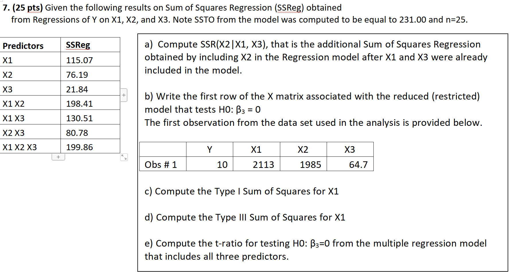 Solved 7. (25 pts) Given the following results on Sum of | Chegg.com