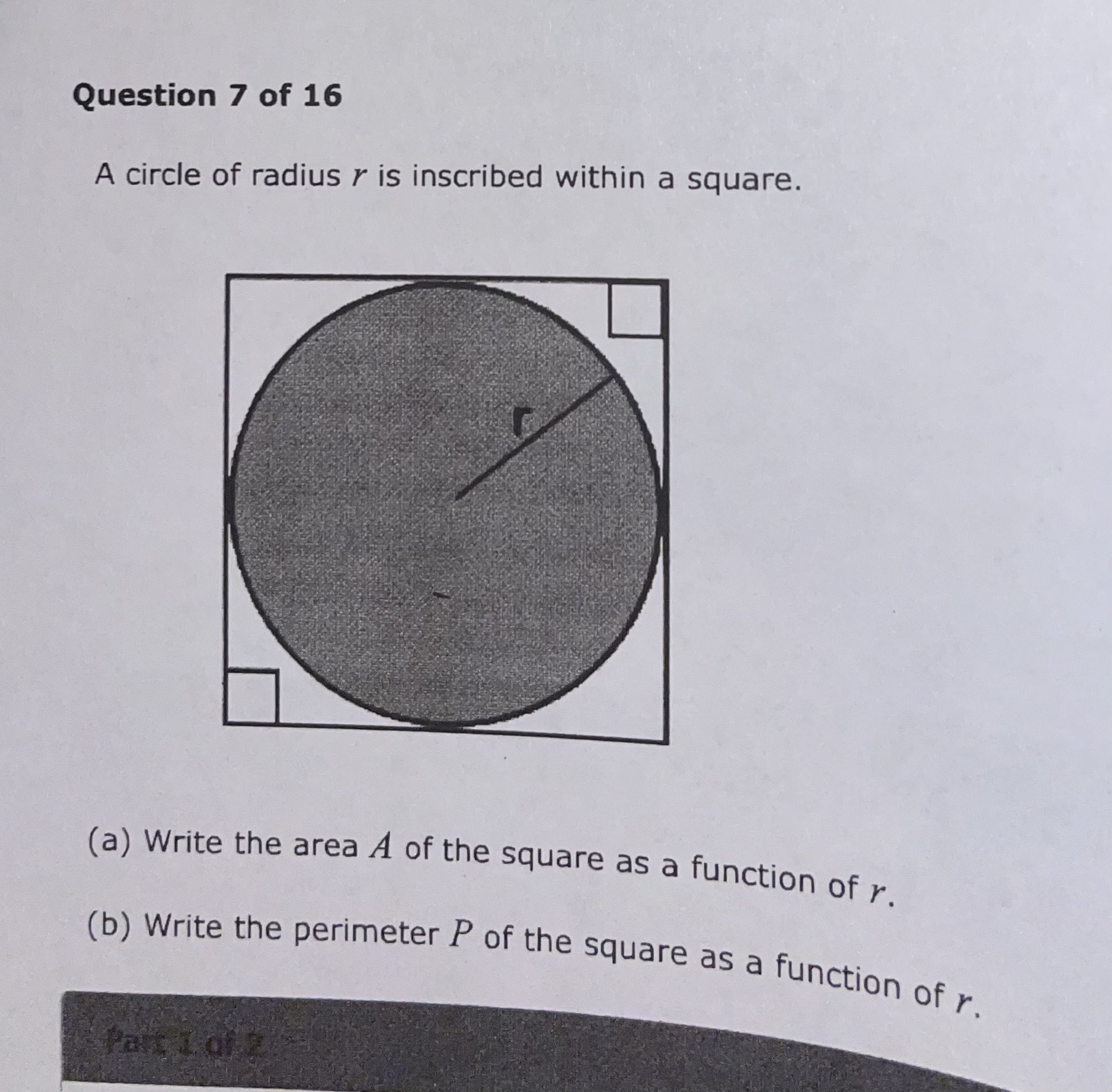 Solved A circle of radius r is inscribed within a square. | Chegg.com