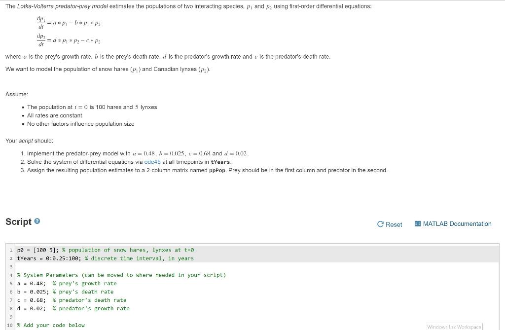 Solved The Lotka-Volterra predator-prey model estimates the | Chegg.com