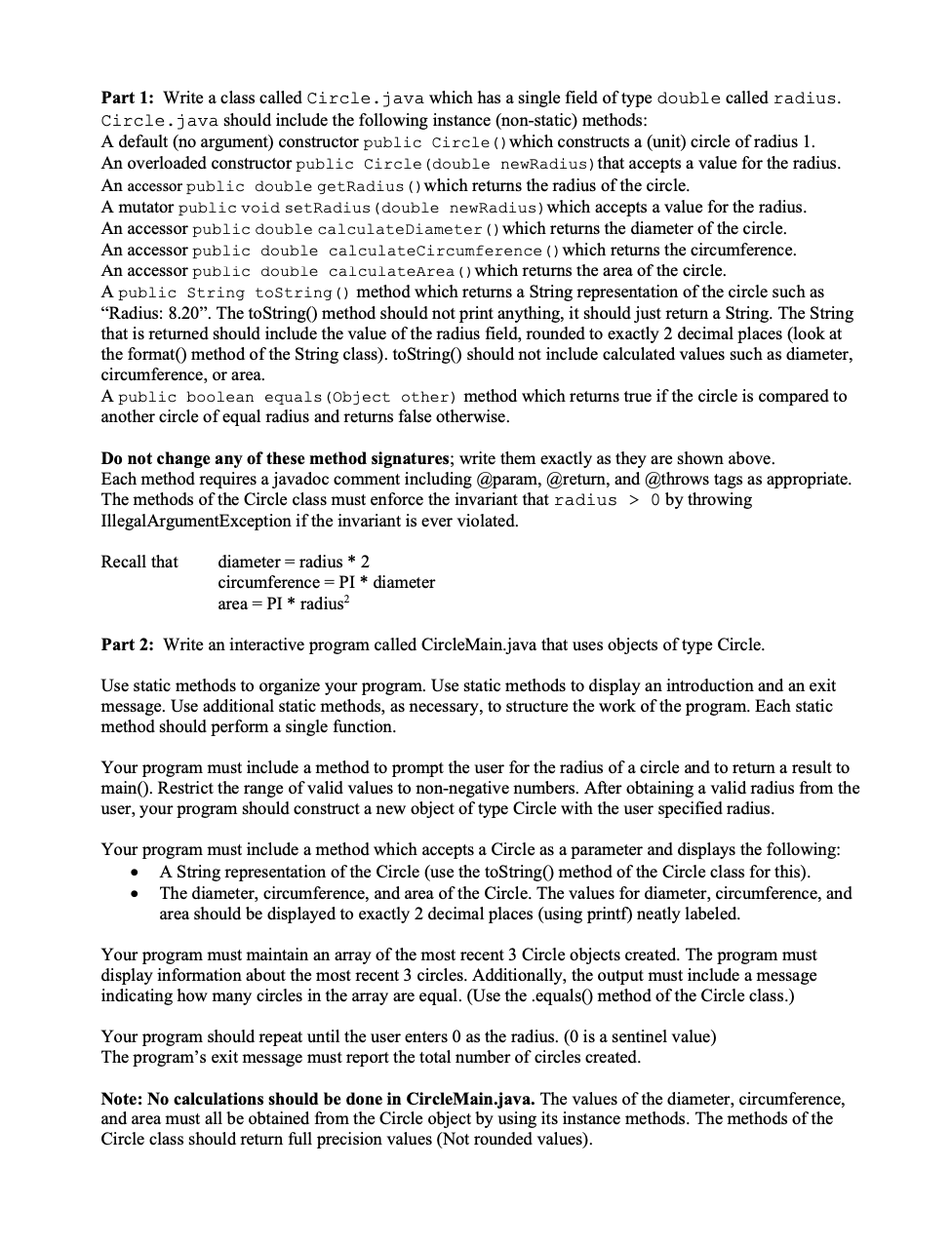 Solved Part 1 Write A Class Called Circlejava Which Has A 7210