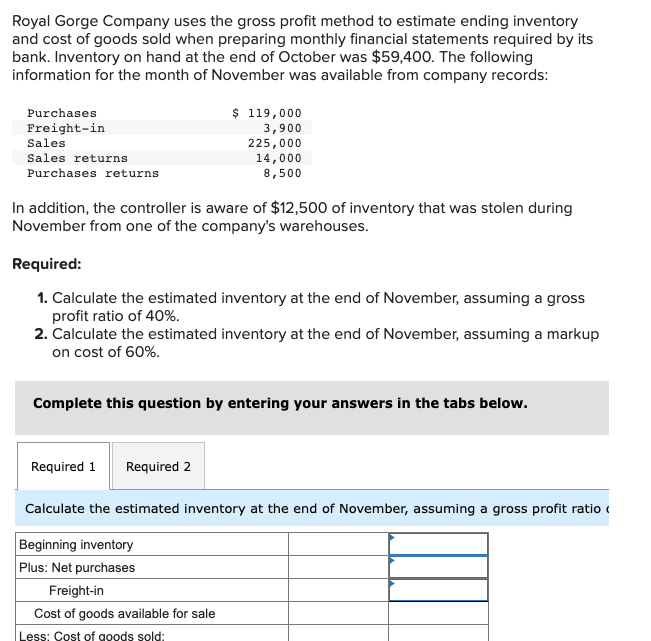 Solved Royal Gorge Company uses the gross profit method to | Chegg.com