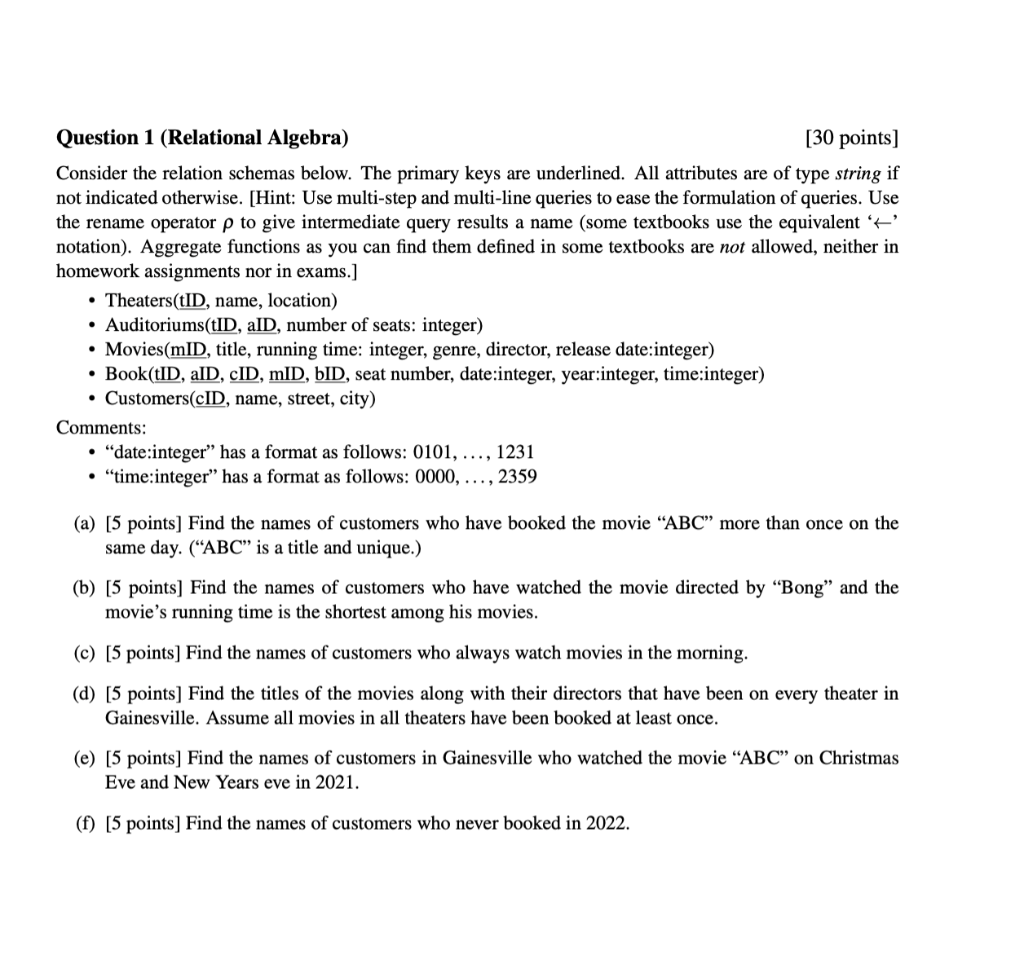 Question 1 (Relational Algebra) [30 points) Consider | Chegg.com