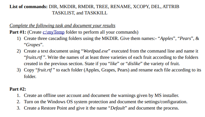 List of commands: DIR, MKDIR, RMDIR, TREE, RENAME, | Chegg.com