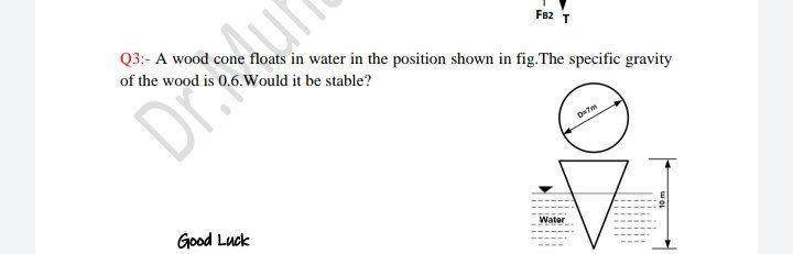 Solved F82 T Q3:- A wood cone floats in water in the | Chegg.com