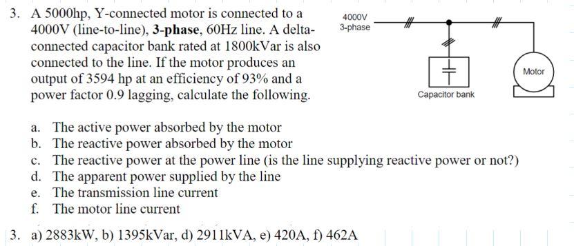 Solved 3. A 5000hp,Y-connected motor is connected to a 4000 | Chegg.com