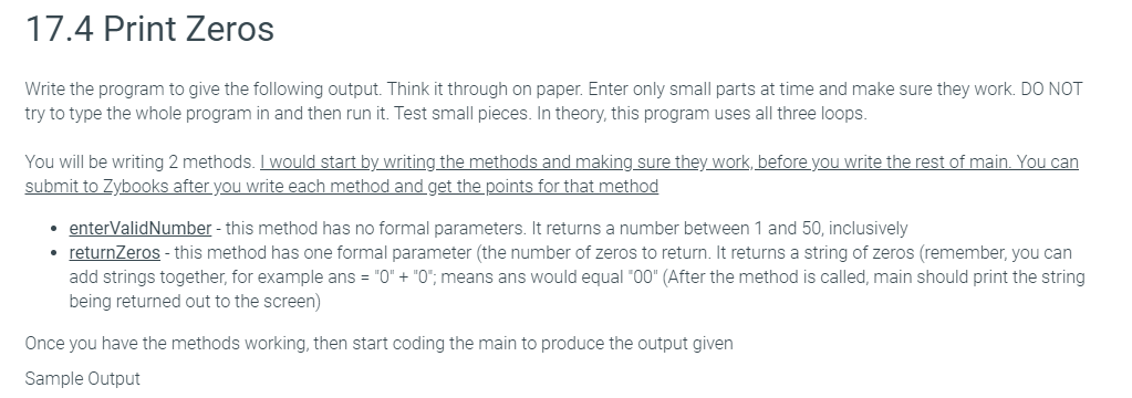 Solved 17.4 Print Zeros Write the program to give the | Chegg.com