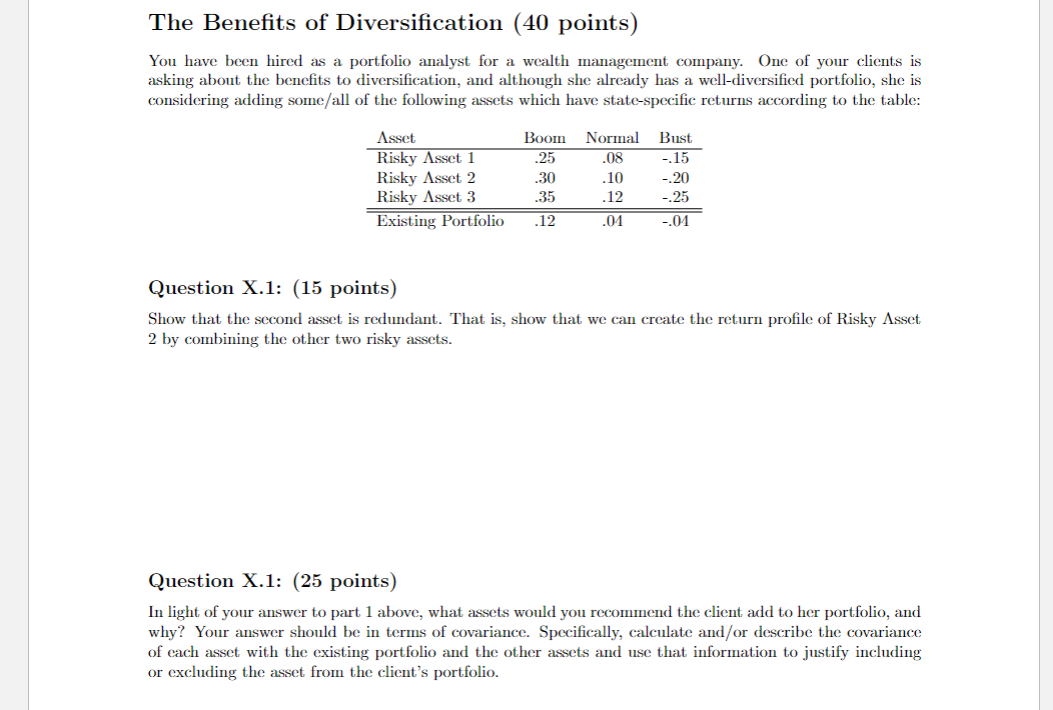Solved The Benefits of Diversification ( 40 points) You have | Chegg.com