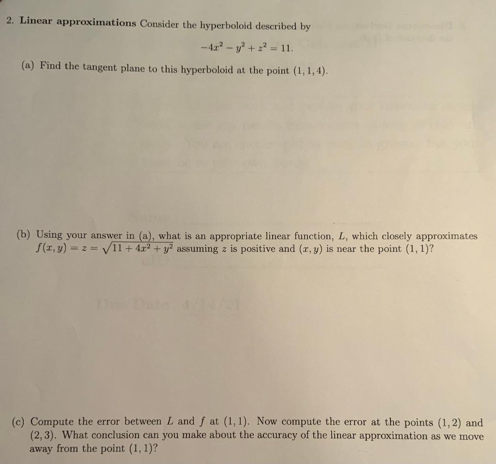 Solved 2. Linear approximations Consider the hyperboloid | Chegg.com