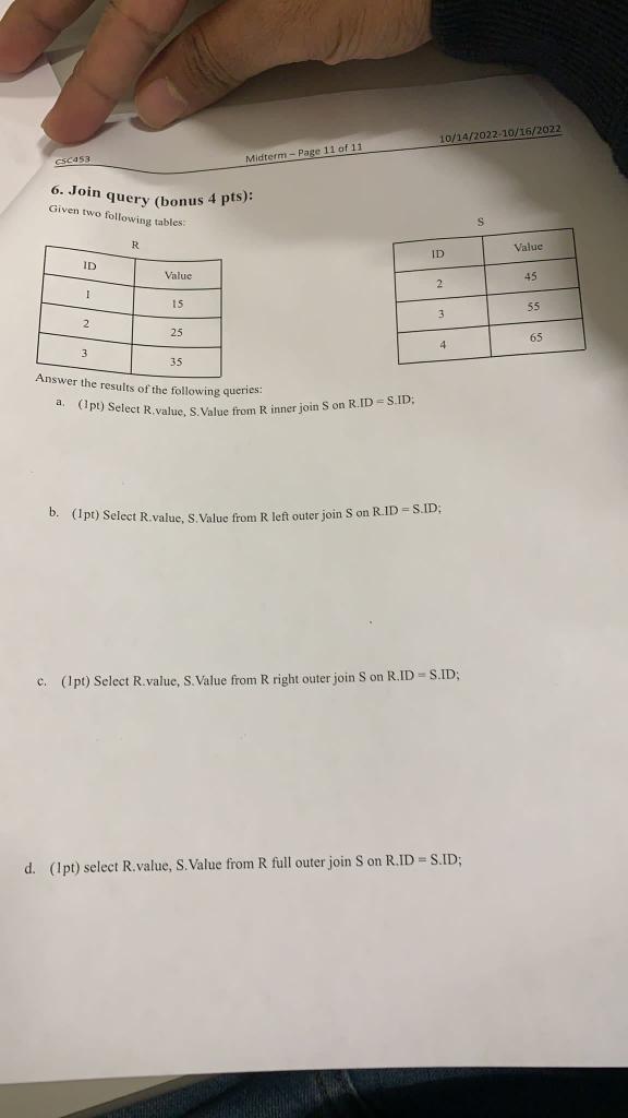 Solved 6. Join query (bonus 4 pts): Given two following | Chegg.com